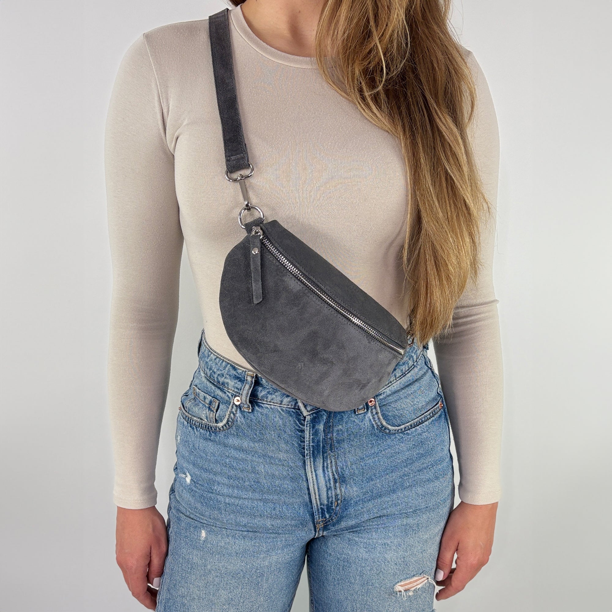 lePelou suede bum bag dark grey for women in many sizes