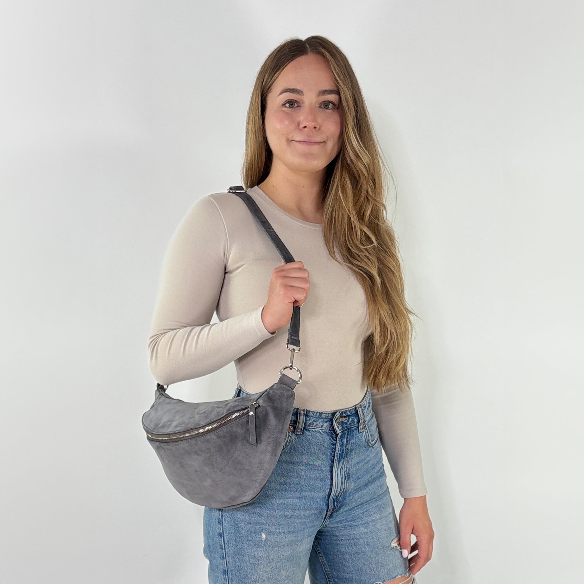 lePelou large suede bum bag XL dark grey for women