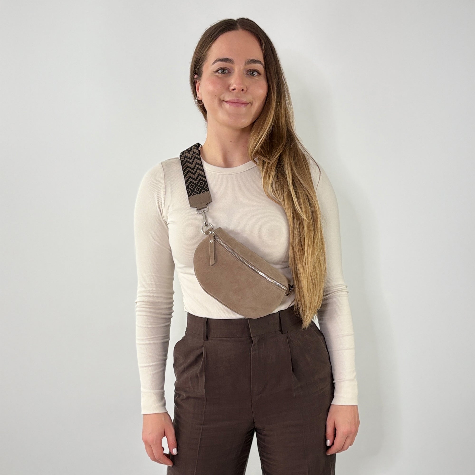 lePelou suede bum bag taupe for women in many sizes